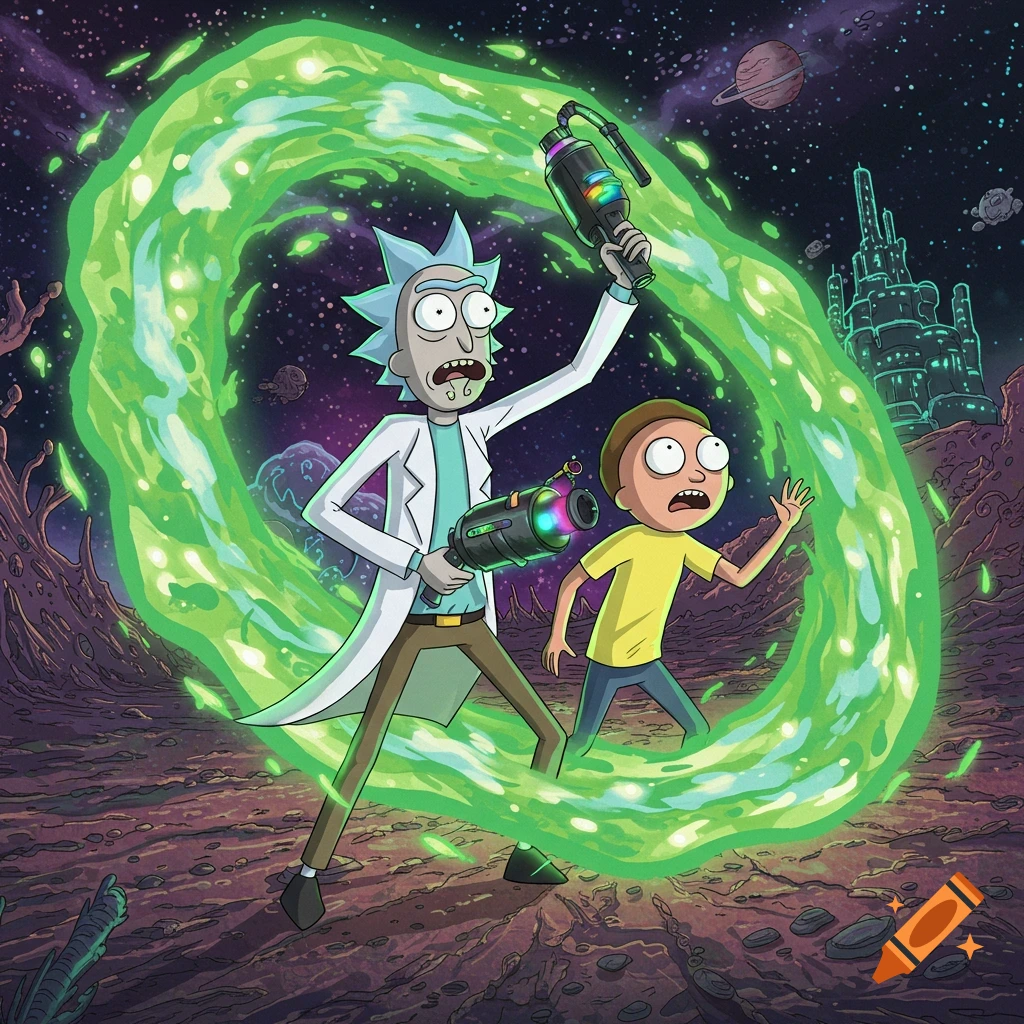 Rick and Morty standing in front of a swirling green portal in outer ...