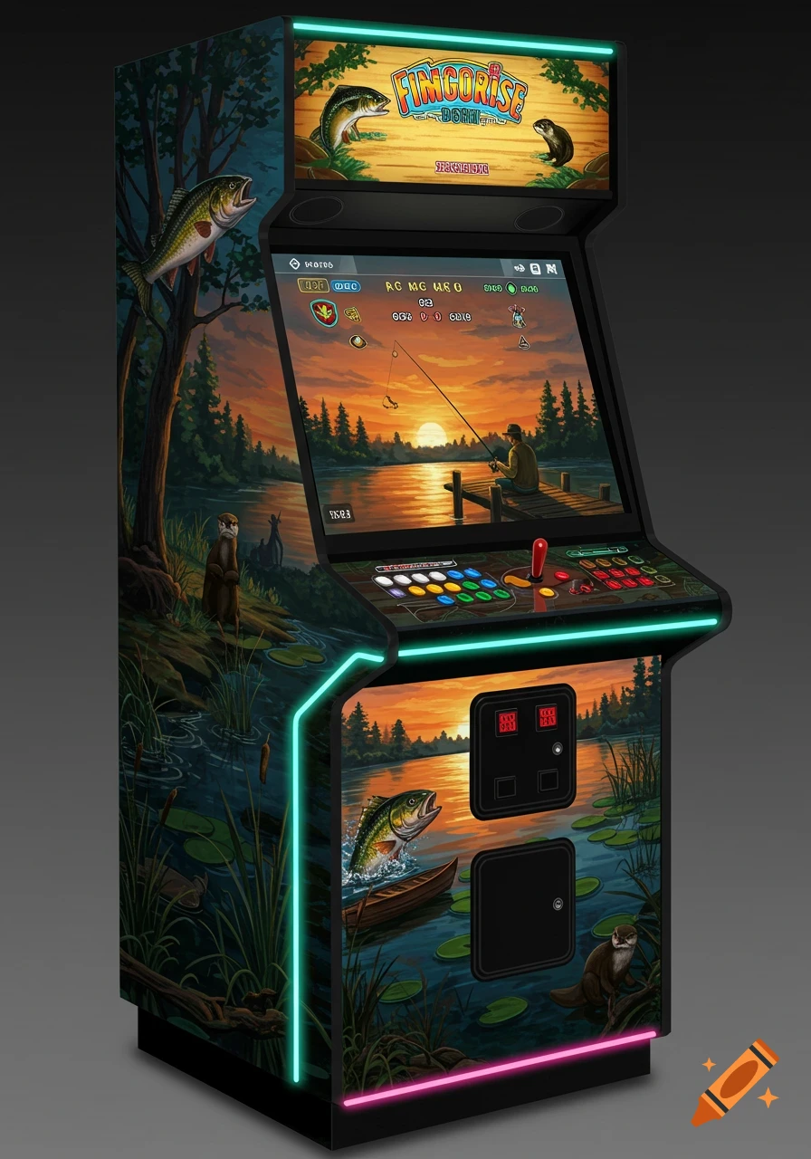 An upright arcade game cabinet with fishing-themed art. The screen ...