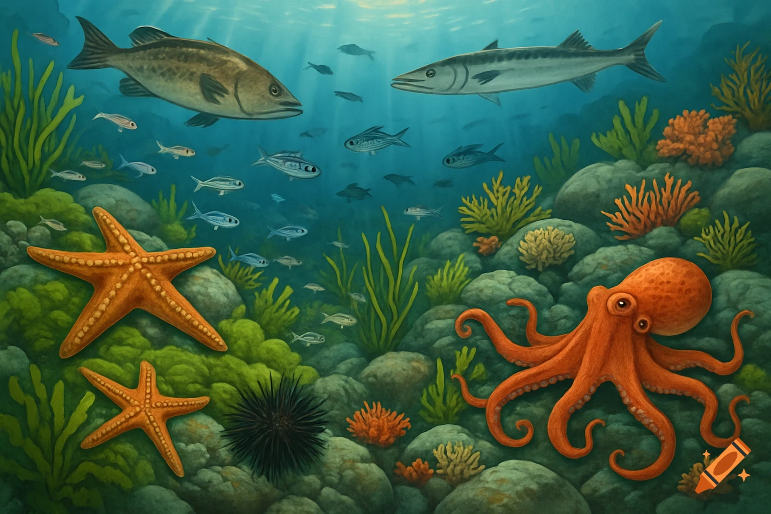 An illustration of an underwater scene with fish, an octopus, starfish ...