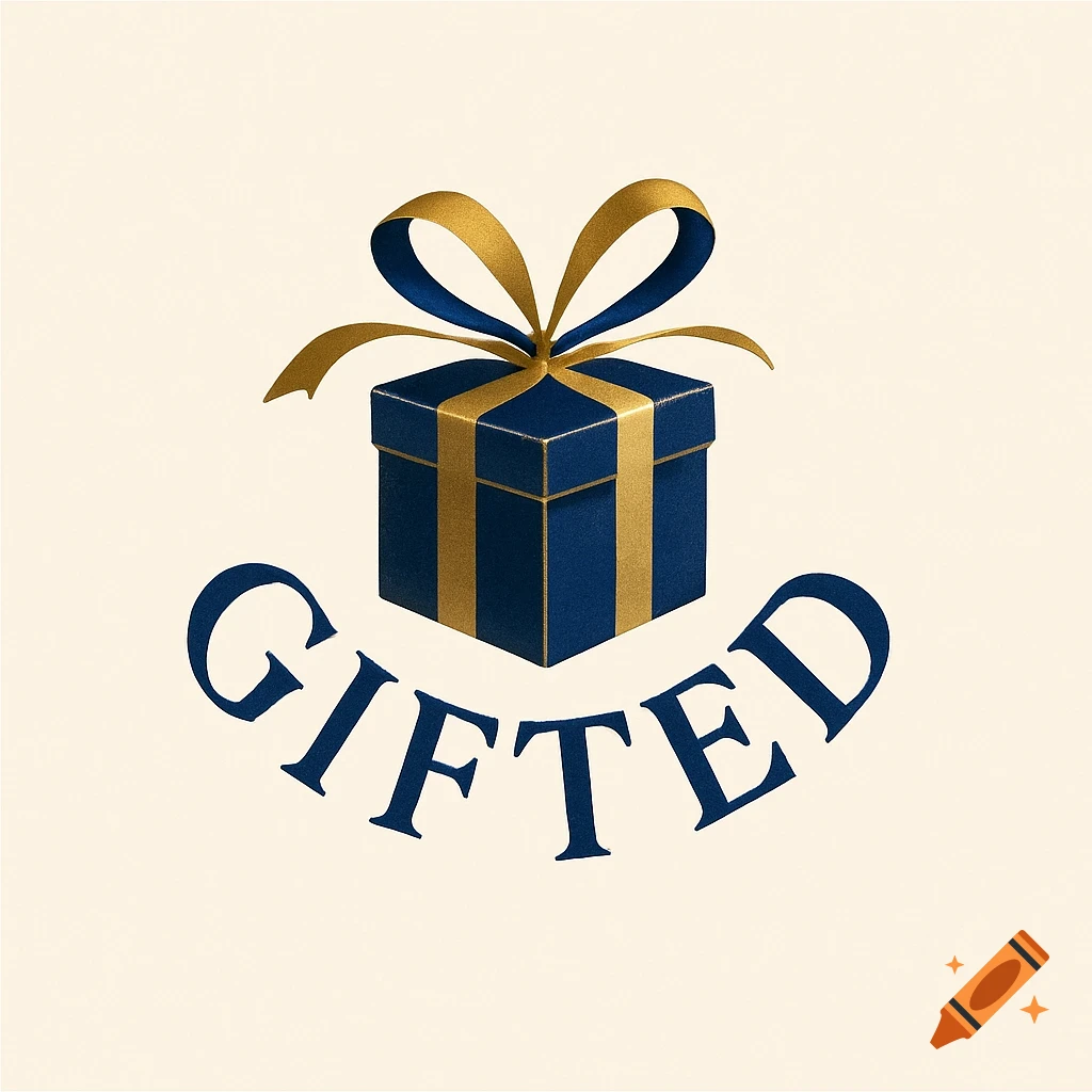 A blue gift box with gold ribbons and the word 'GIFTED' in blue text ...