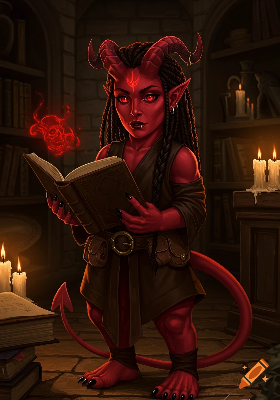 A gray-skinned tiefling woman with horns, white hair, red eyes, and a ...