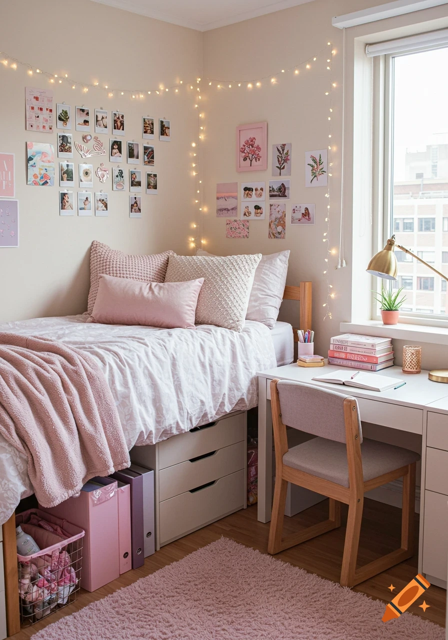 A cozy pink girl's bedroom with a tufted bed, polka dot bedding, and ...