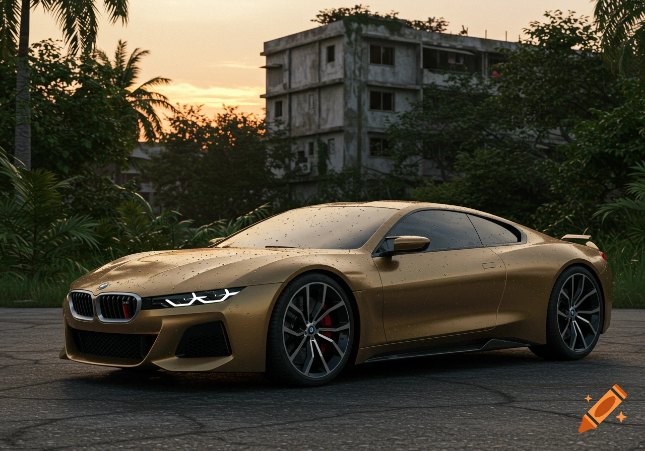 A golden futuristic BMW supercar with water droplets parked on an ...