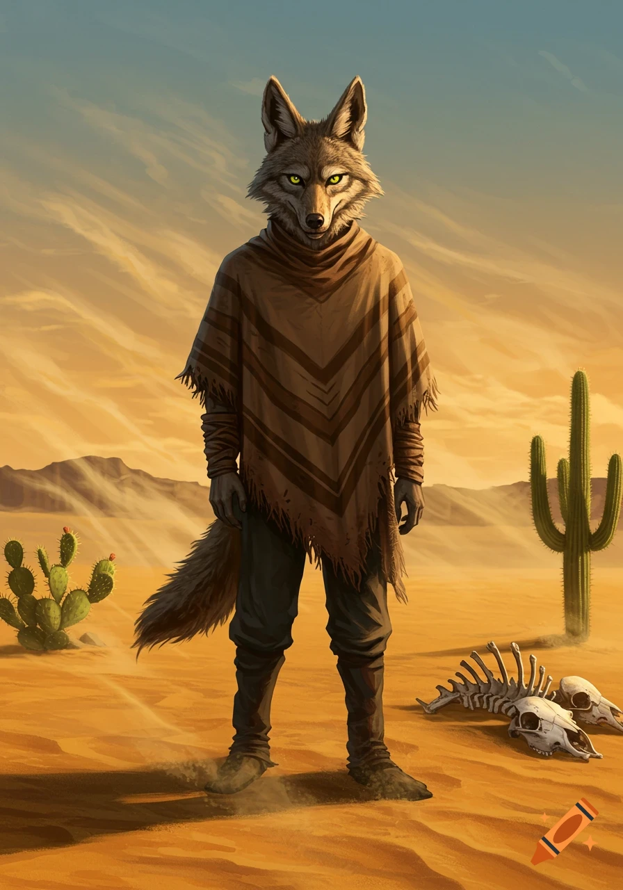 2D hand-drawn image of an anthropomorphic Siberian husky in a brown ...