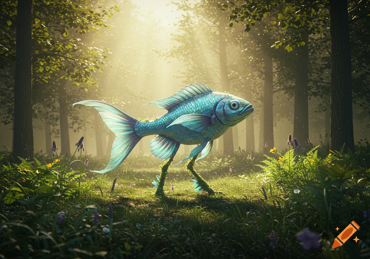 A large blue and green fish with legs walks across a sun-dappled forest ...