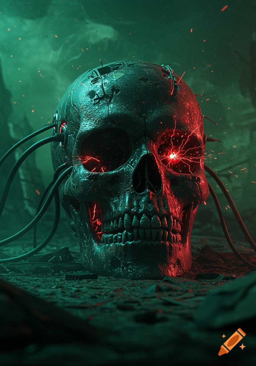 Cybernetic skull with glowing red eyes and wires in a grim, dark ...