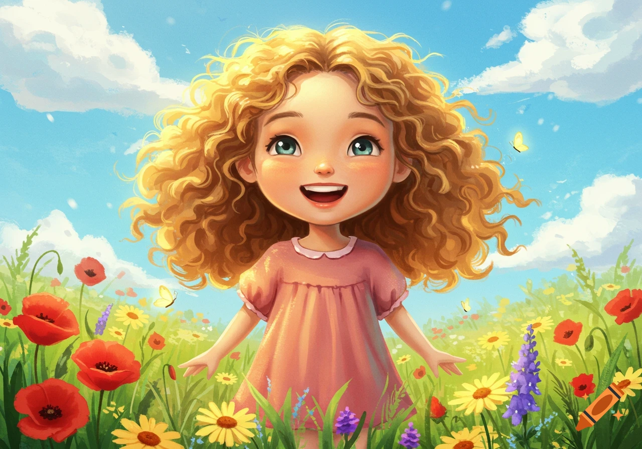 Smiling cartoon girl with curly hair in a polka dot dress standing in a ...