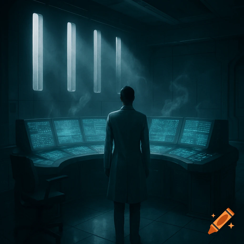 A person in a lab coat stands facing a large, curved console with ...