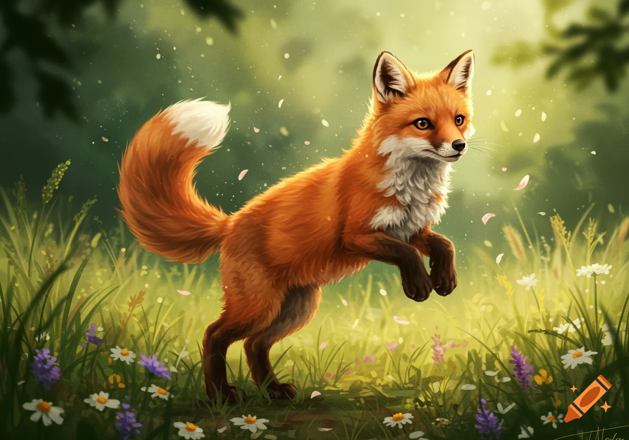 A vibrant, stylized elemental fox with a yellow head, fiery red torso ...