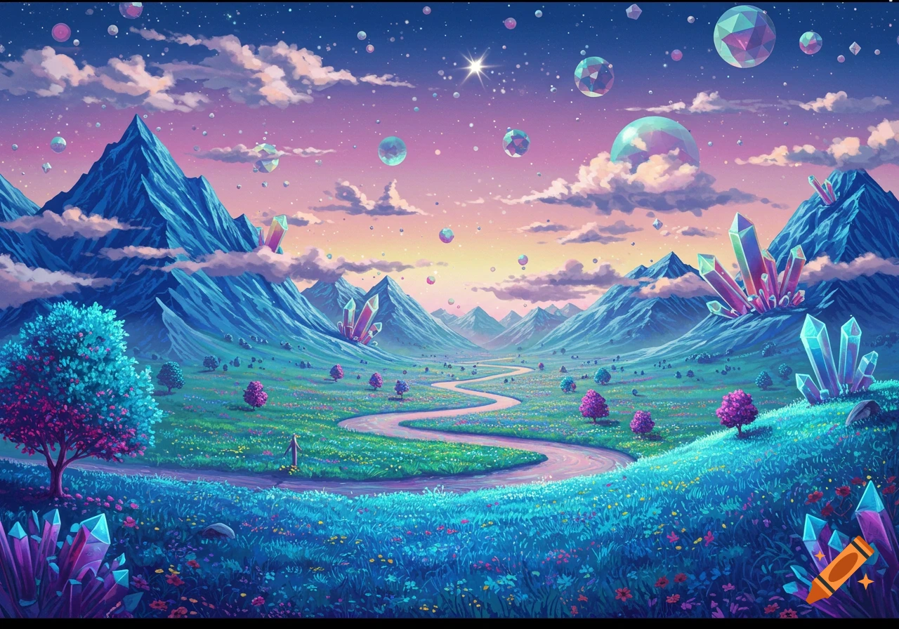 Vibrant fantasy landscape with blue and pink mountains, a winding path ...