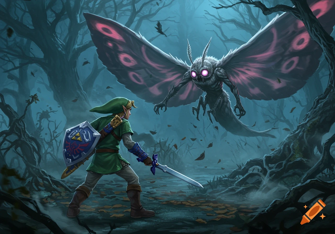 A cartoon dragon-like character and Link from BOTW face each other on a ...