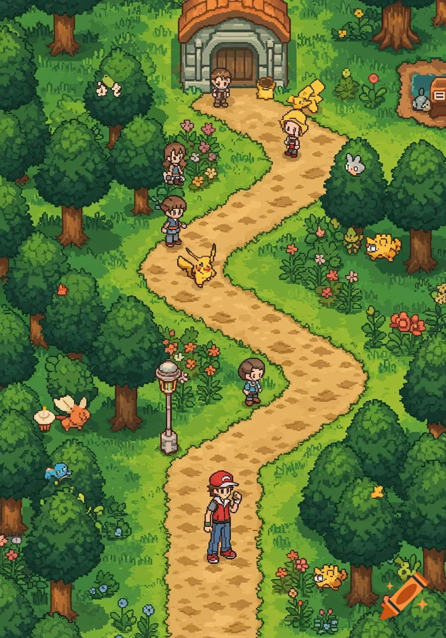 Top-down pixel art of a winding dirt path through a green forest with trees, mushrooms, and ...