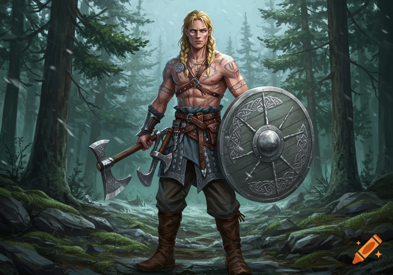 Muscular human archer with orcish features drawing a bow on a mountain ...