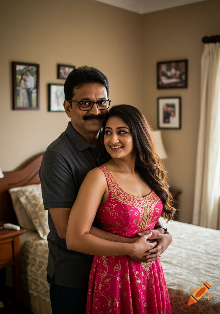 Photorealistic image of an Indian man hugging an Indian woman in a pink ...