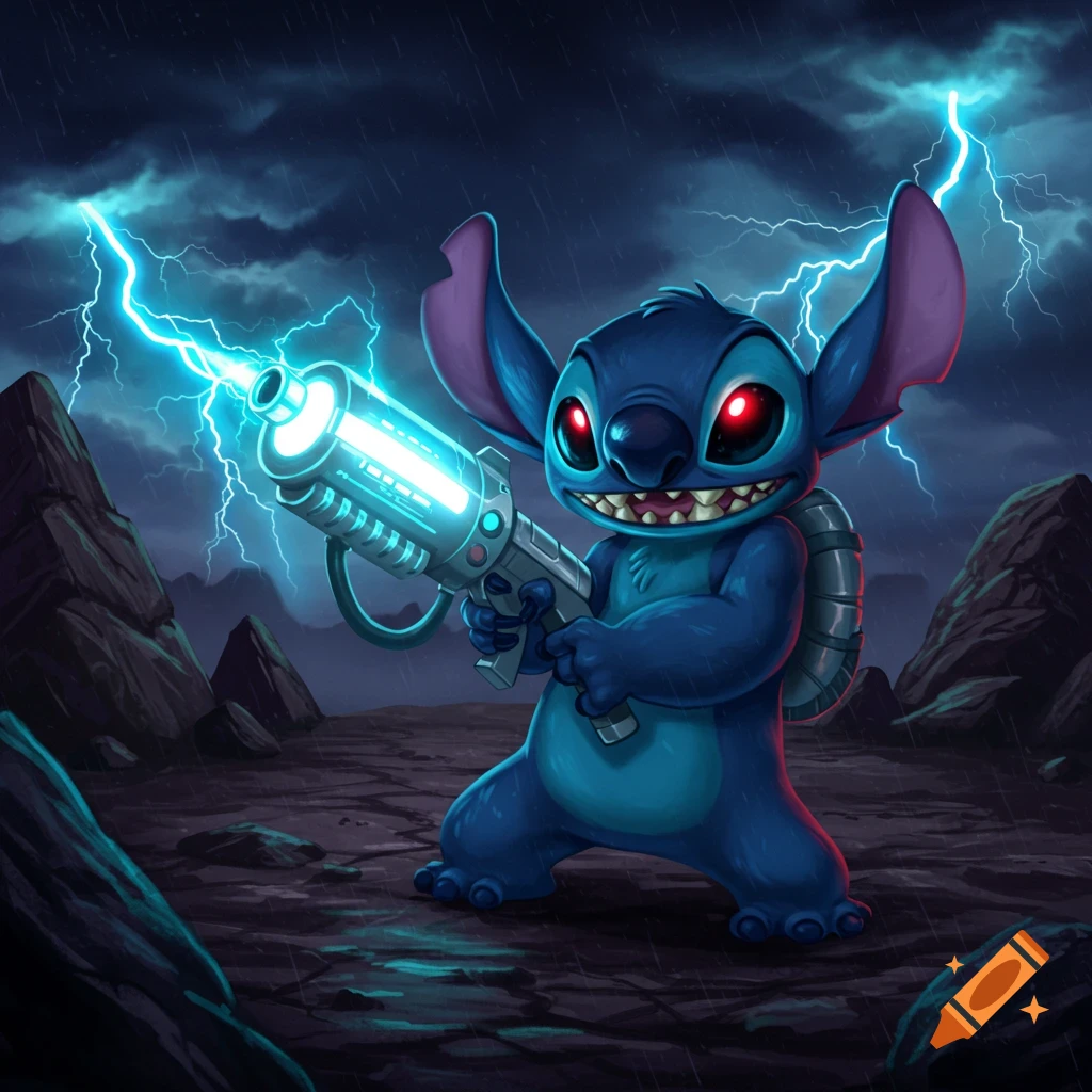 An evil-looking Stitch with red eyes and sharp teeth holds a glowing ...