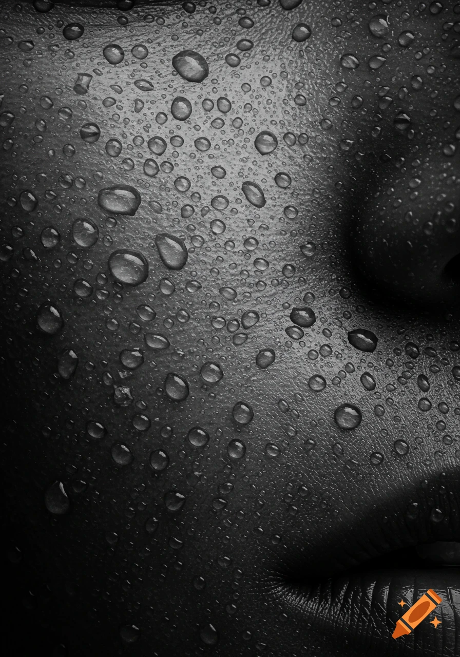 Close-up black and white photograph of skin covered in clear water ...