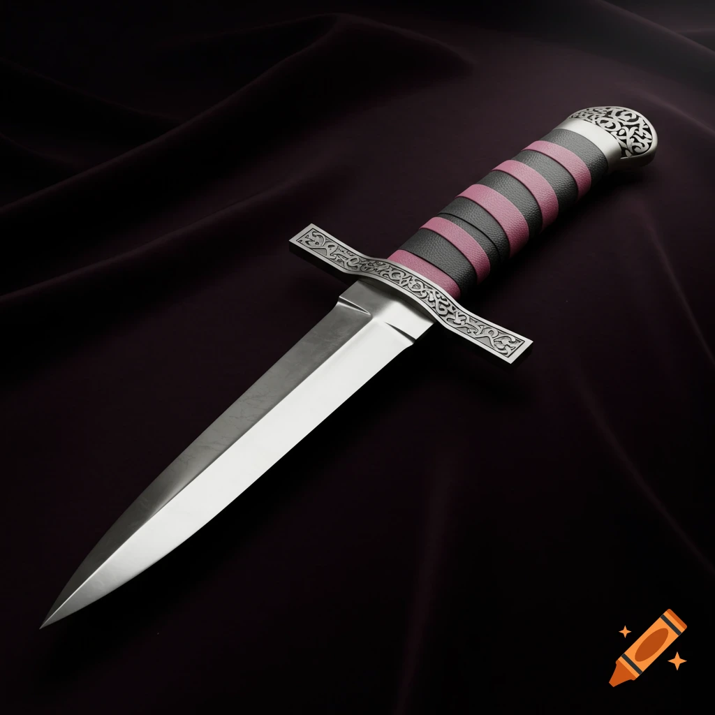 A photorealistic image of a long, sharp dagger with an ornate silver ...