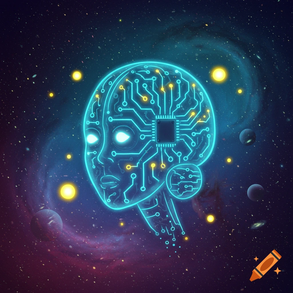 A glowing blue futuristic head with circuit patterns and a central ...