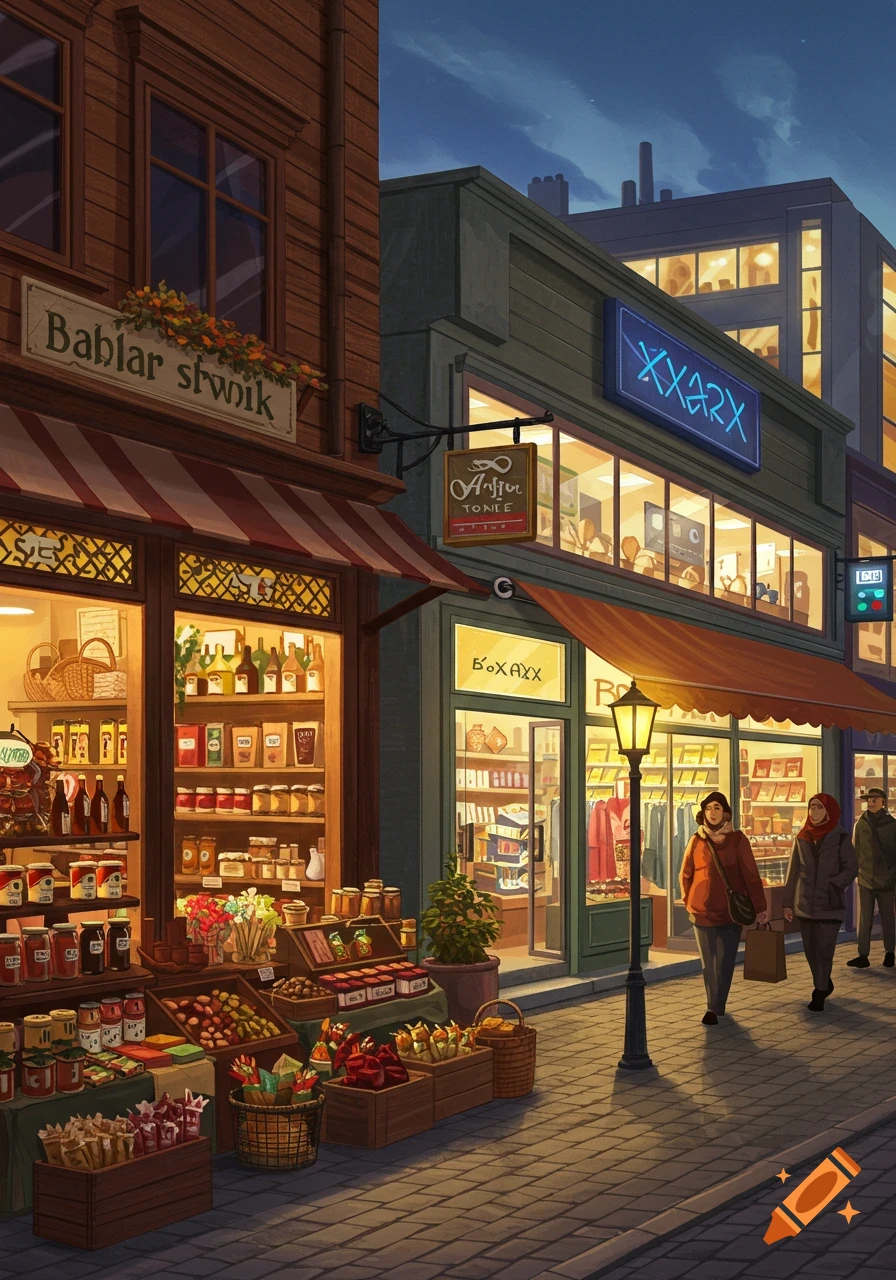 A vibrant street scene at dusk with two illuminated shops, one with ...