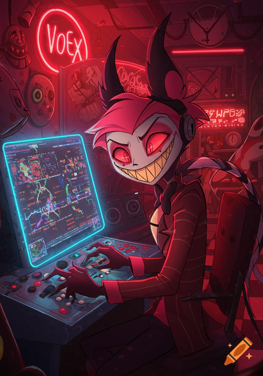 Vox from Hazbin Hotel, with red glowing eyes and a sharp-toothed grin ...