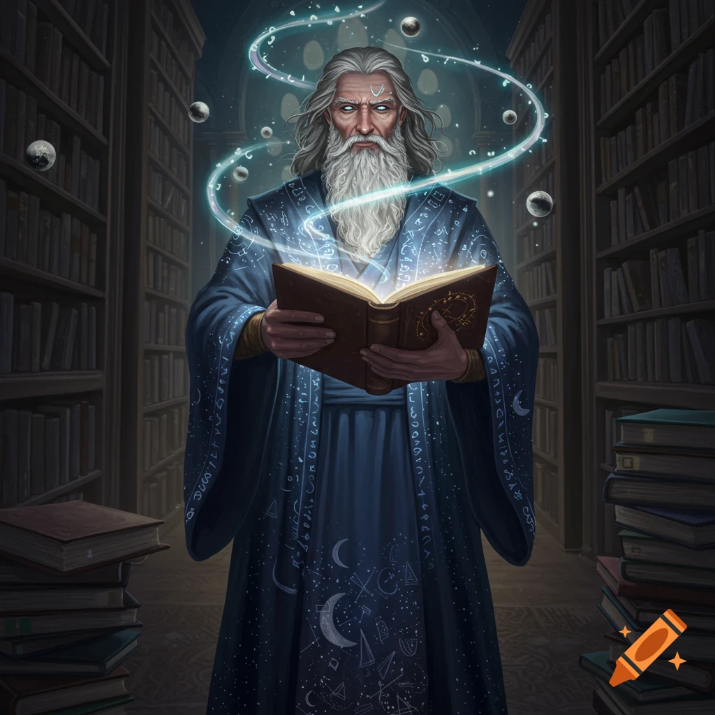 A sad-looking wizard with a long white beard and a blue pointed hat ...