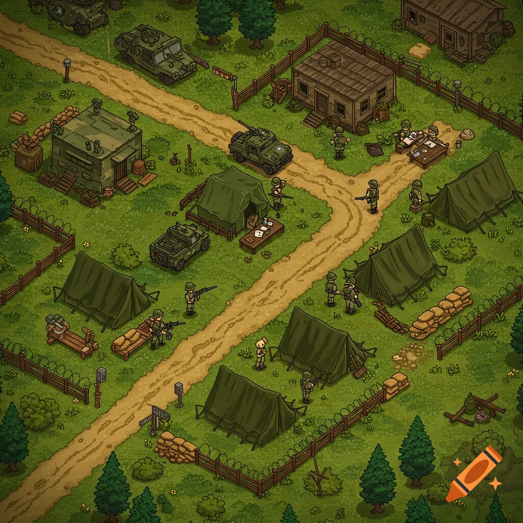 An isometric pixel art illustration of a military barracks with tents ...