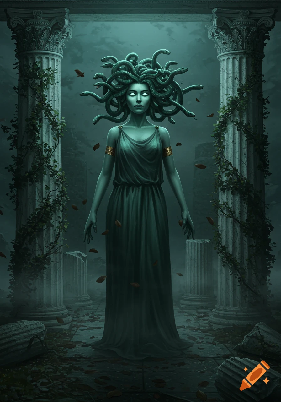 Medusa, with green skin and glowing eyes, wears golden armor amidst ...