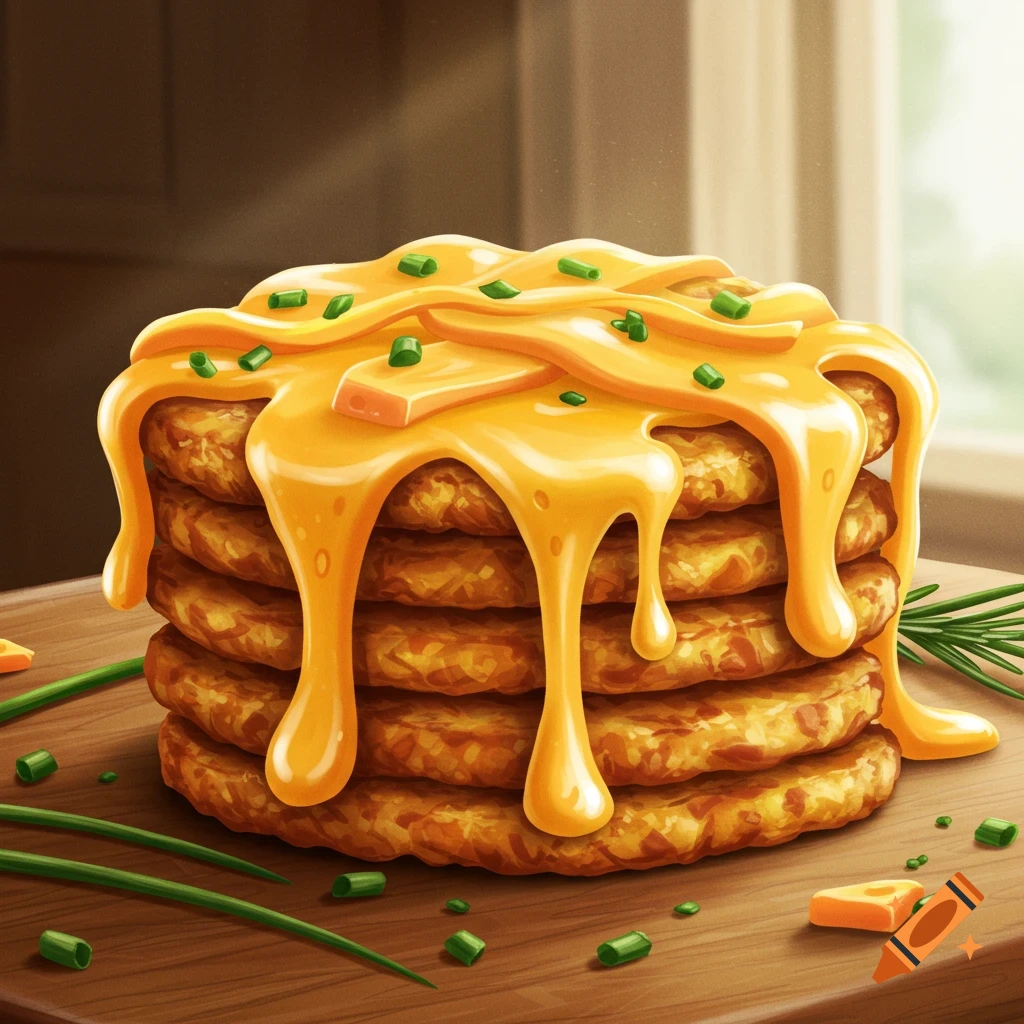 A stack of golden-brown hash browns topped with melting cheese sauce ...