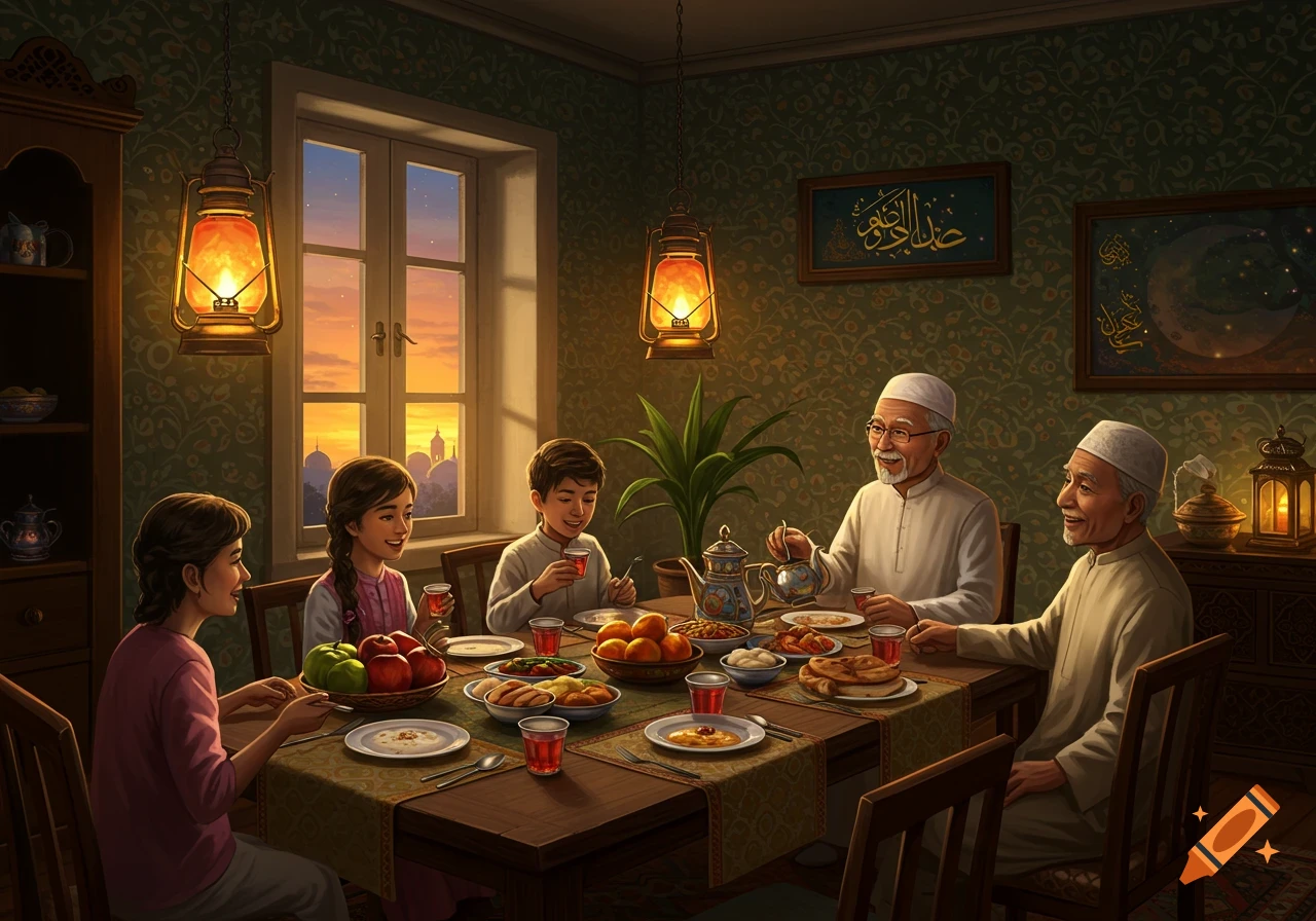Illustrated family celebrating Yalda night, sitting at a table filled ...