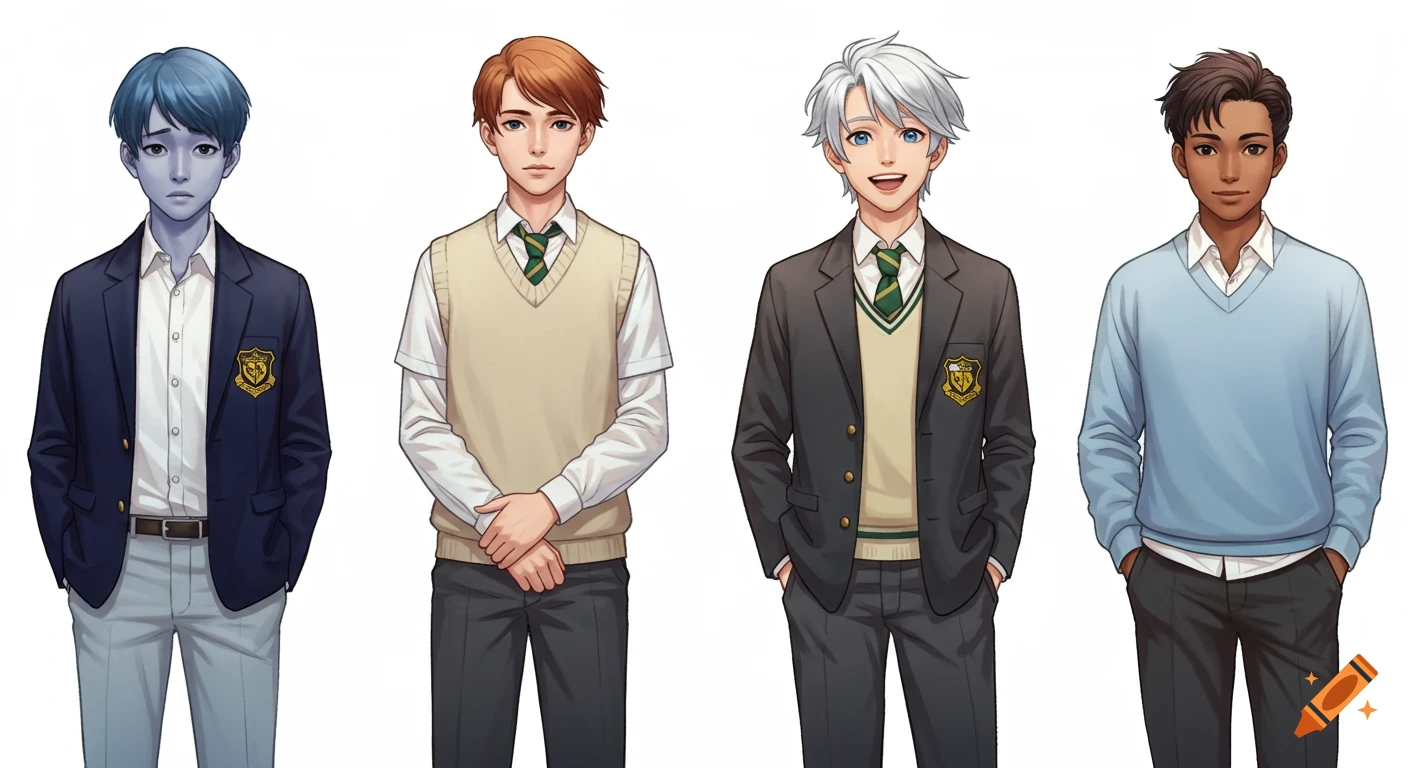 Four animated schoolgirls with different appearances and uniforms stand ...