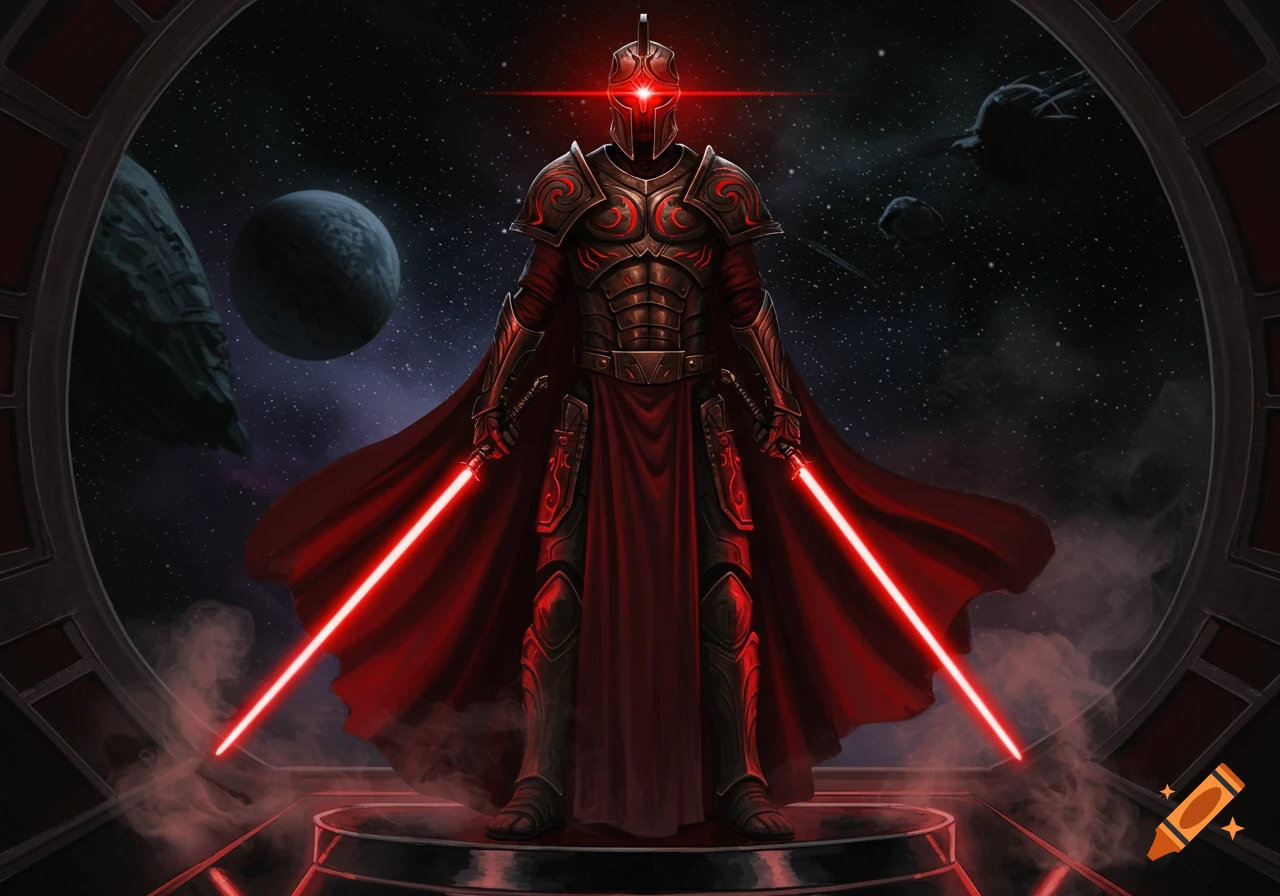 Pixel art of a red Sith trooper standing inside a dark spaceship ...