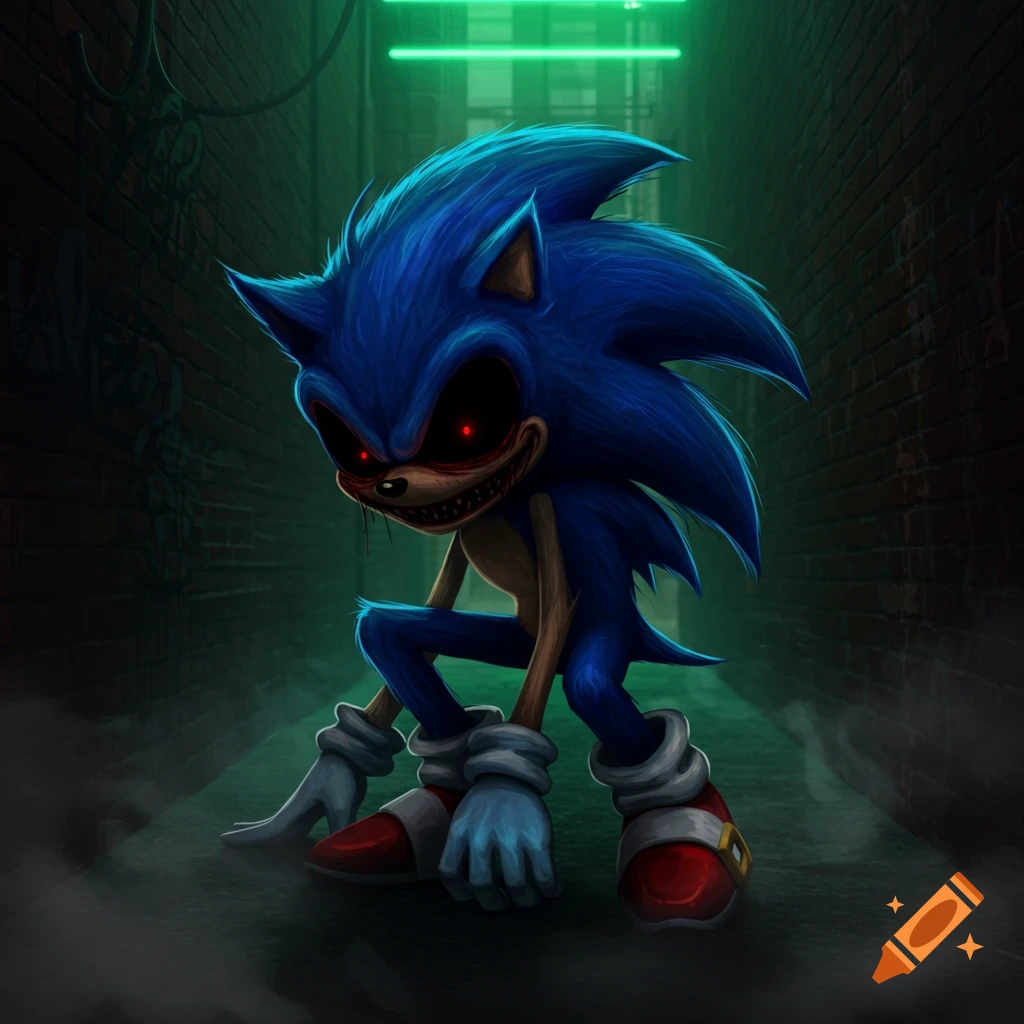 A creepy, distorted Sonic the Hedgehog with glowing red eyes and sharp teeth, hunched in a dark ...