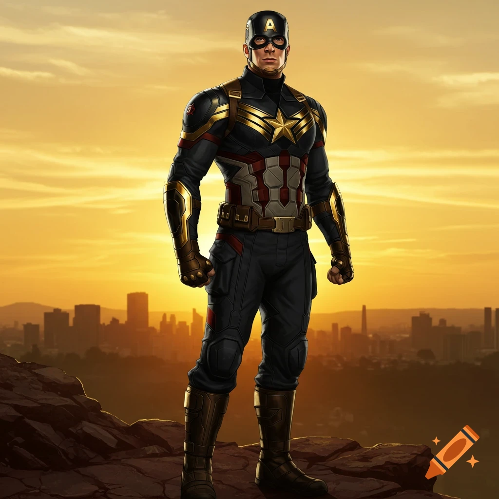 Captain America in a black and gold suit stands on rocks with a city ...