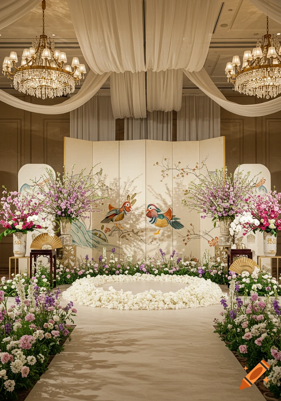An elegant indoor wedding ceremony setup with a painted folding screen ...