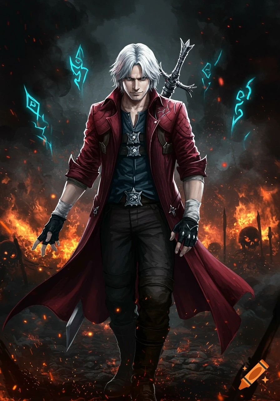 A stylized full-body image of Dante from Devil May Cry, featuring white hair, a red trench coat ...