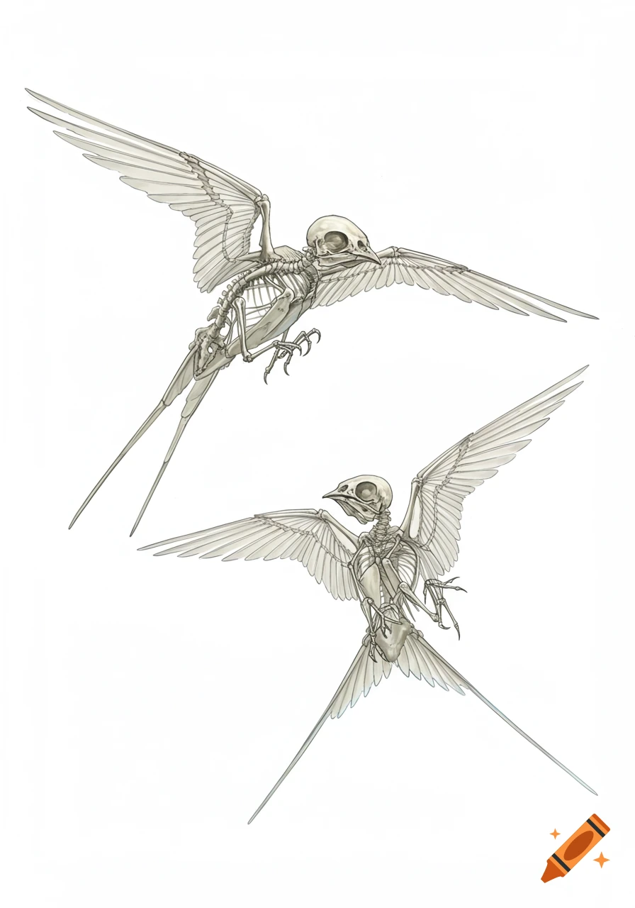 Two detailed illustrations of swallow bird skeletons in flight against ...
