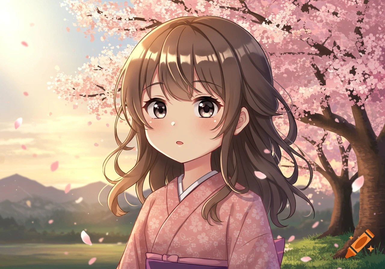 Anime girl in a white kimono with floral patterns, standing amidst a ...