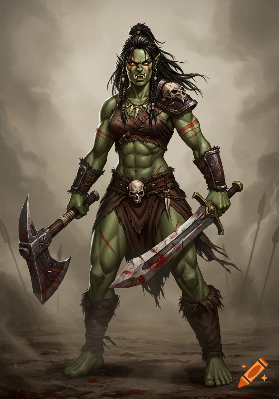 A fierce, muscular female orc berserker with green skin and war paint stands powerfully, holding ...
