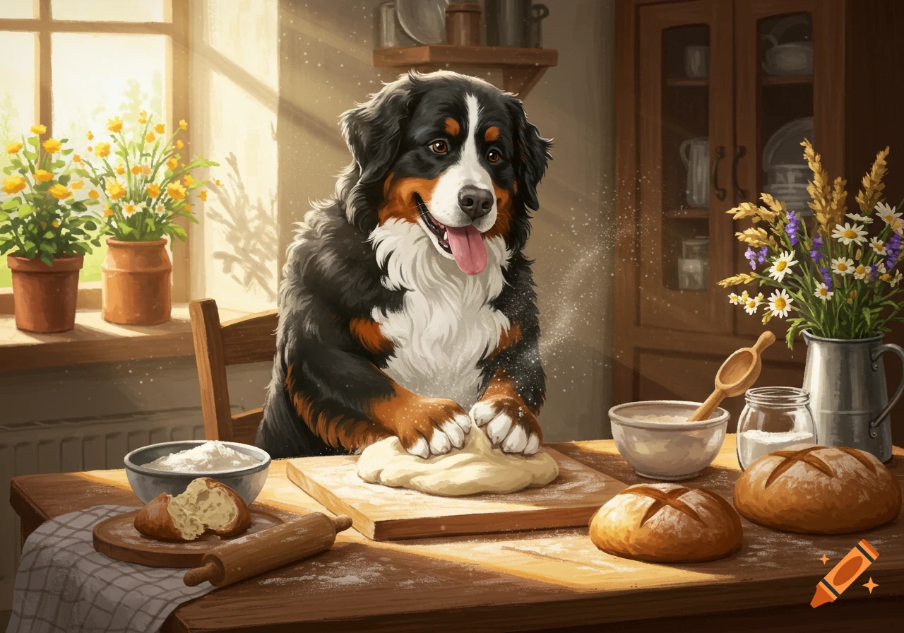 An illustrated Bernese Mountain Dog happily kneads dough on a flour ...
