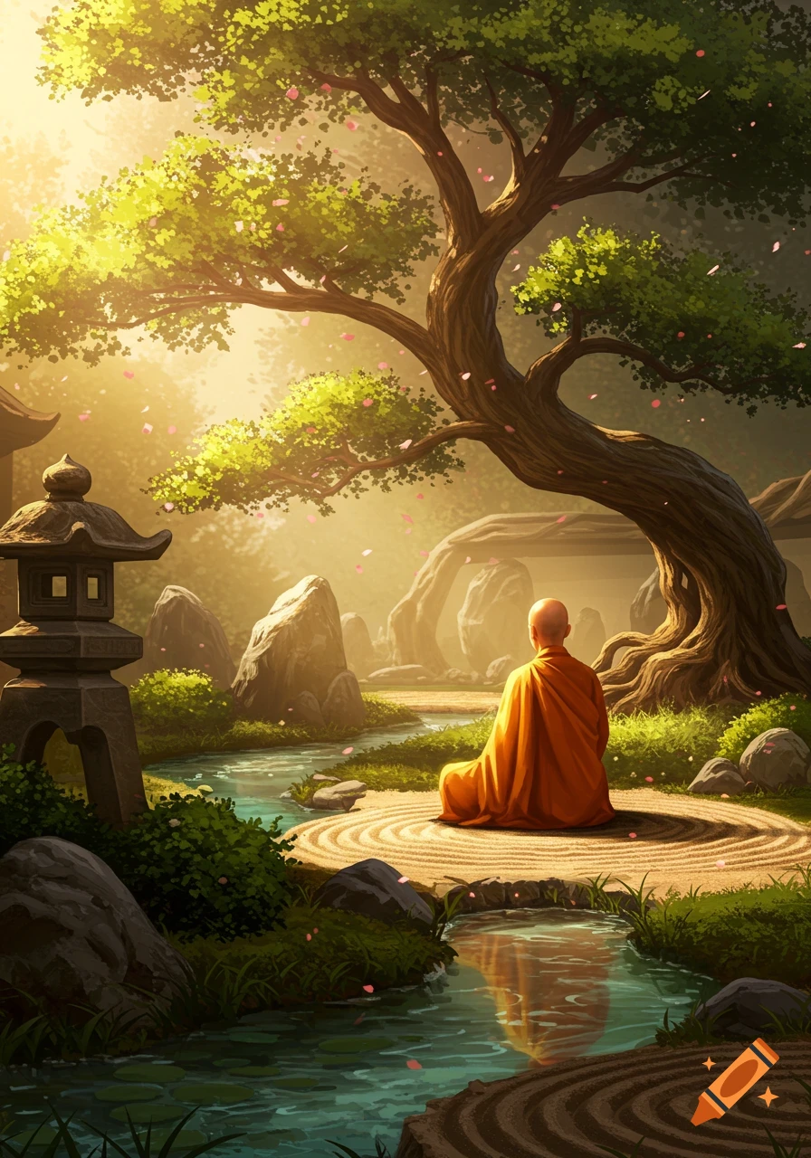 A cute young cartoon monk with a shaved head and orange robes sits ...