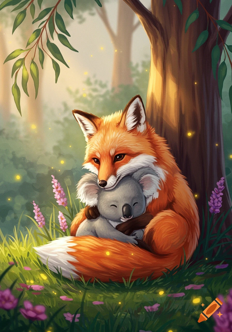 A charming illustration of an orange fox hugging a gray koala in a ...