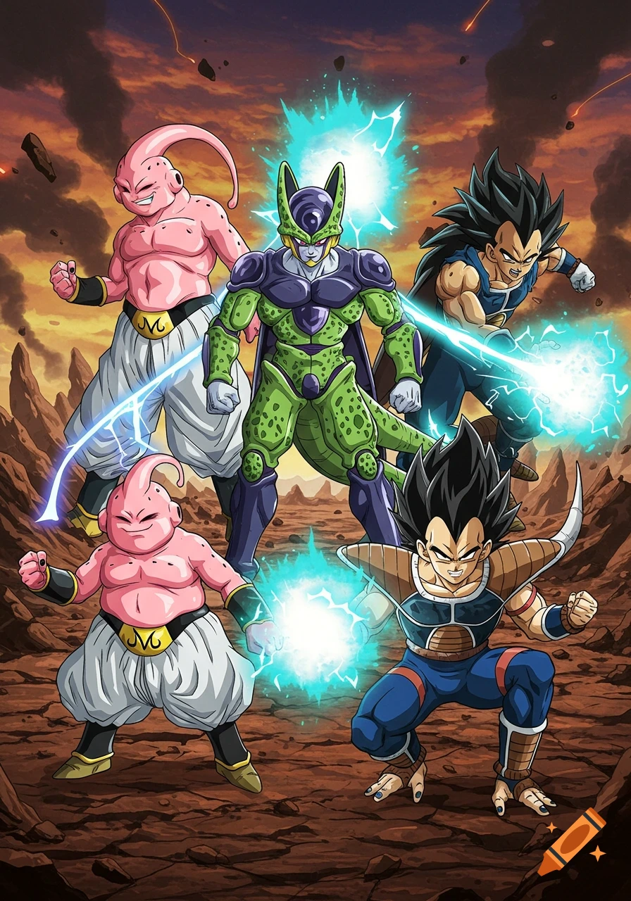 Full body anime illustration of Super Buu, pink-skinned with red eyes ...