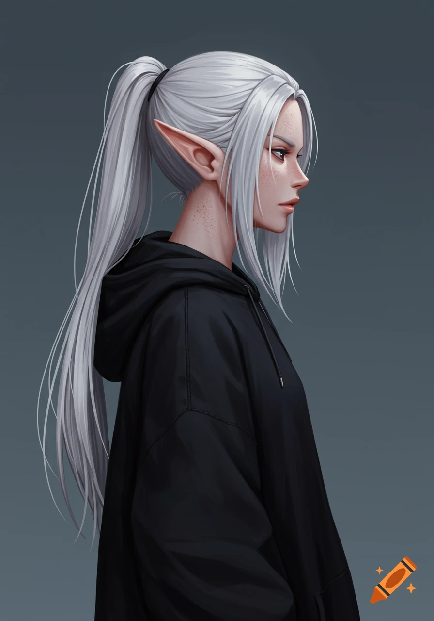 A young adult female elf with white hair in a ponytail, wearing a black ...