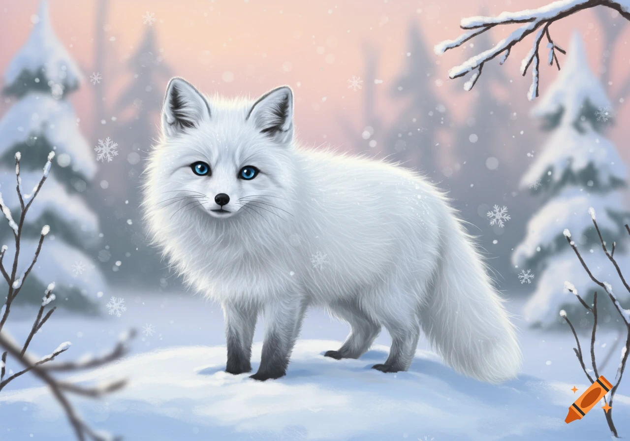 A cute cartoon fawn stands in a snowy forest with bare trees and ...