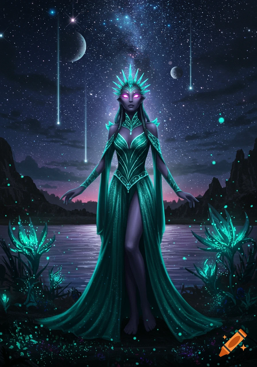An alien queen in a glowing teal dress stands by a lake under a starry ...