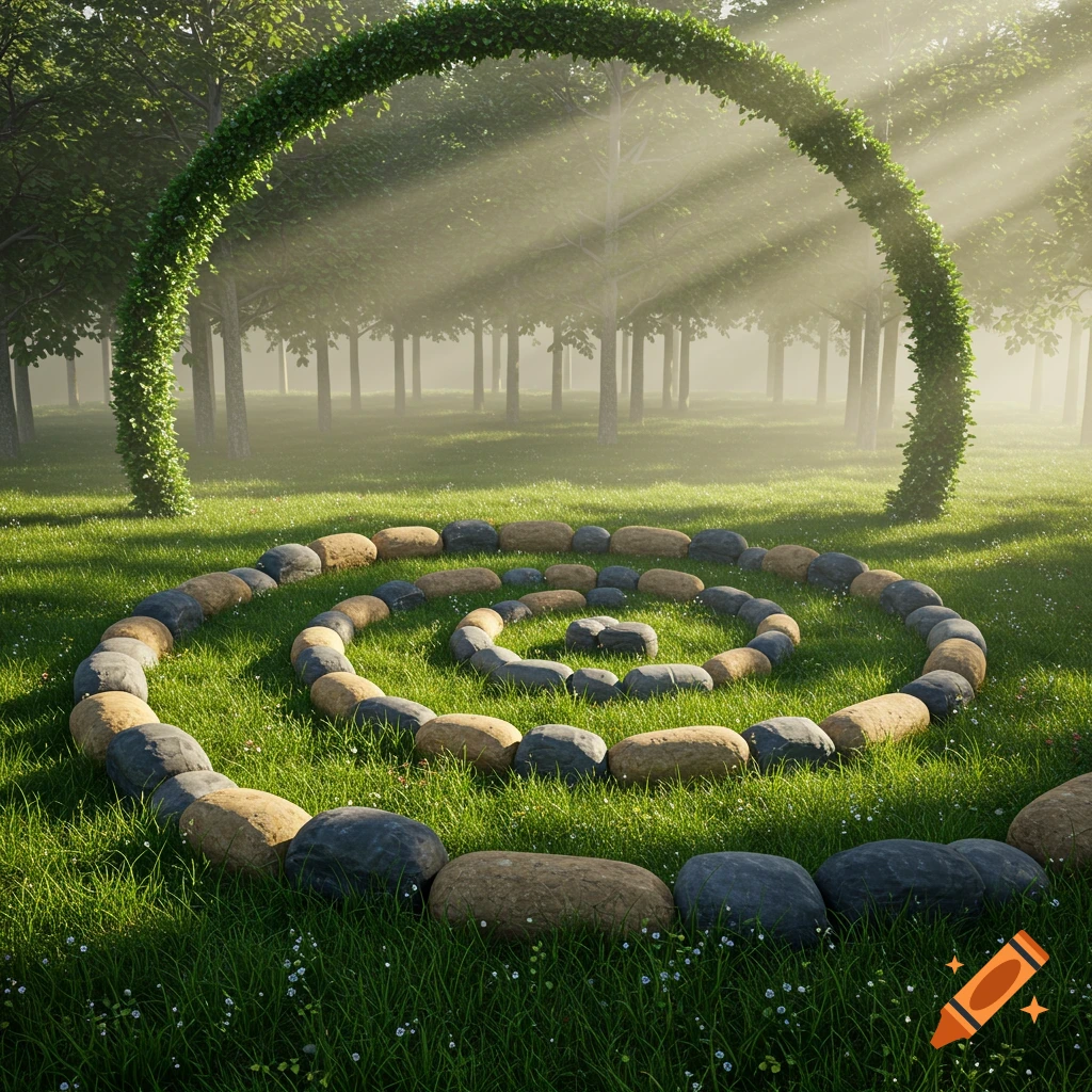 A photorealistic image of a spiraling path of stones and a large vine ...