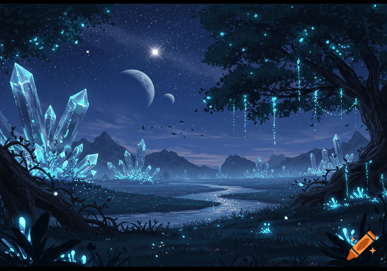 A whimsical, bioluminescent alien house with organic shapes sits on a ...