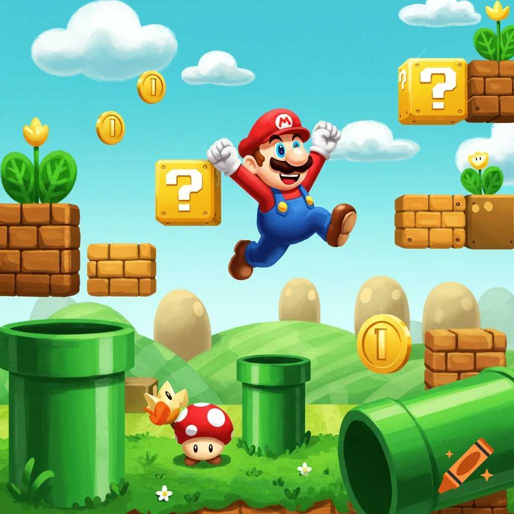 3D render of Super Mario jumping over a cactus in a colorful platformer ...