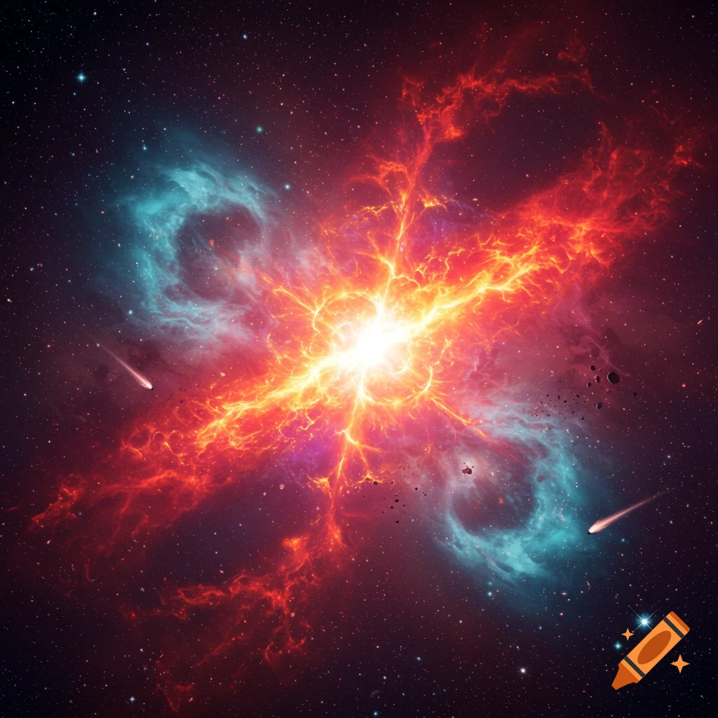 Vibrant cosmic explosion with a central orange and blue eye-like nebula surrounded by swirling ...