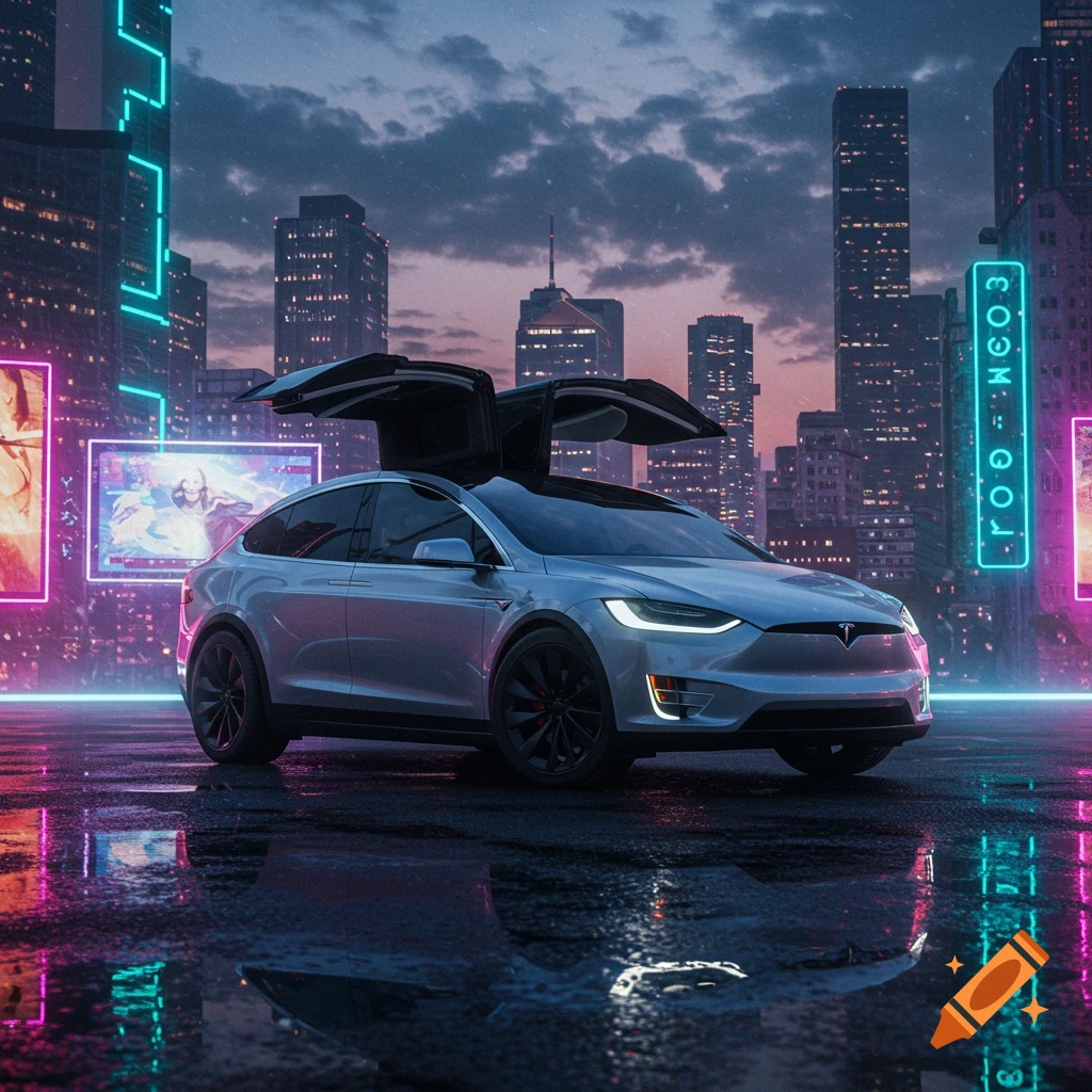 A silver Tesla Model X with falcon wing doors open, parked on a wet ...